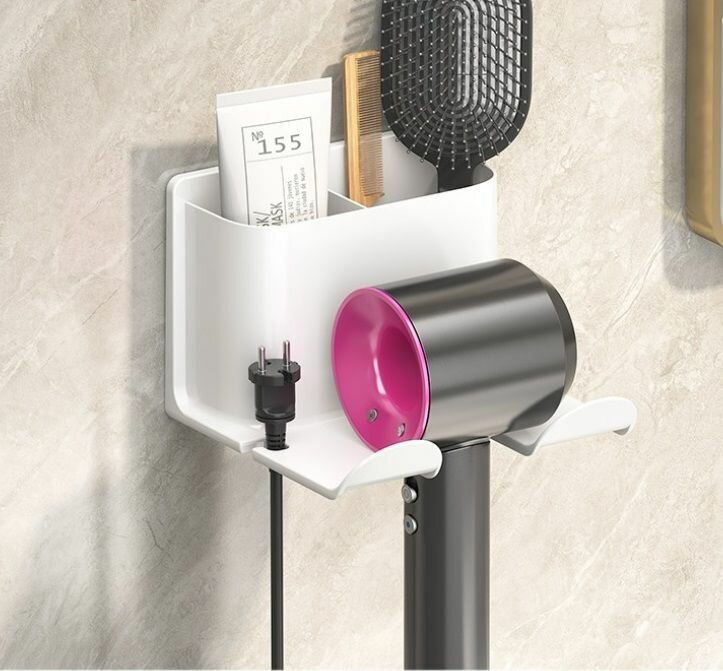 Настенный держатель для фена с глубокими отсеками для расчесок и косметики, самоклеящийся органайзер для ванной, удобное хранение аксессуаров, белый