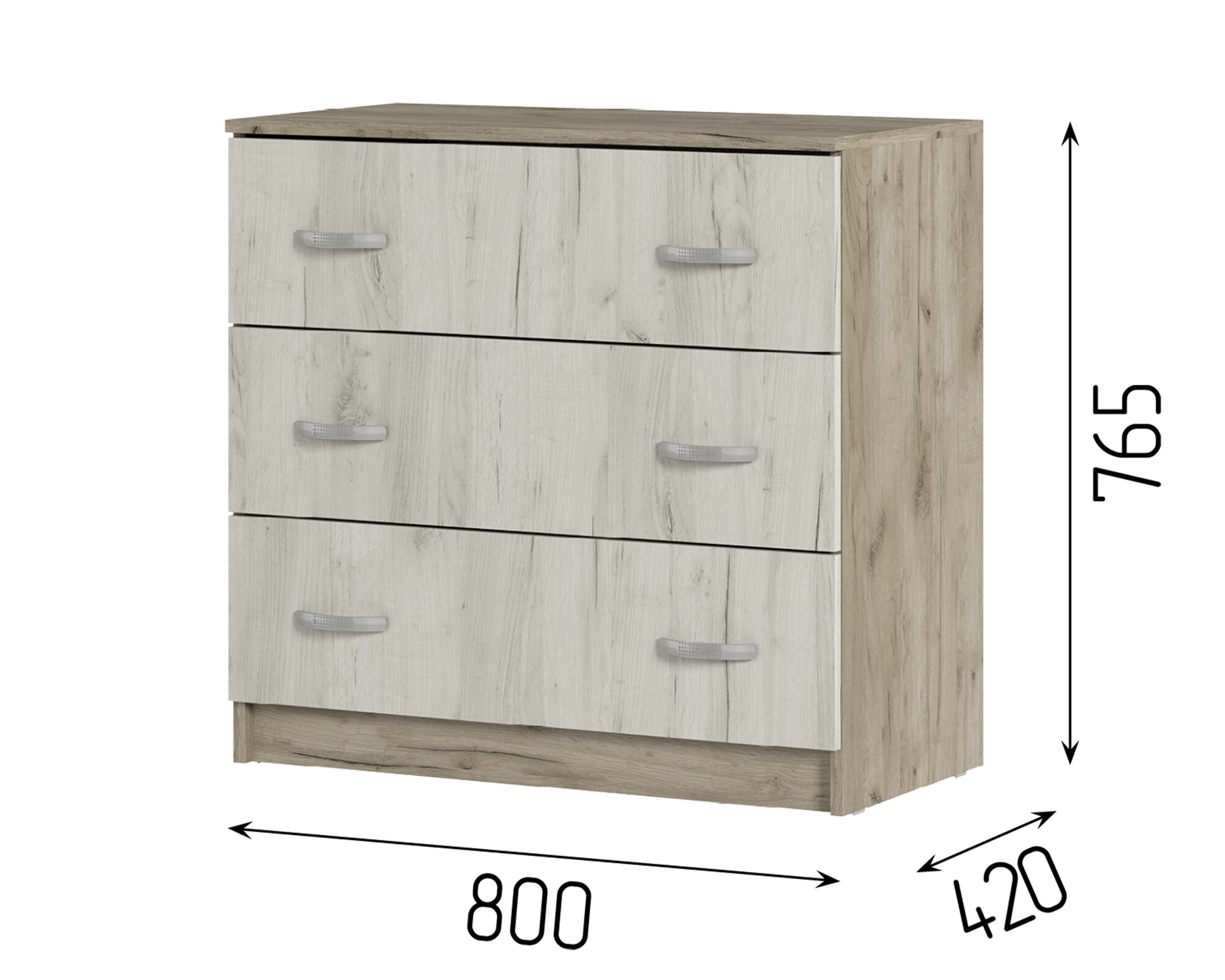 Комод три ящика Бася КМ 551М ЛДСП, цвет Дуб крафт серый/дуб крафт белый Стендмебель