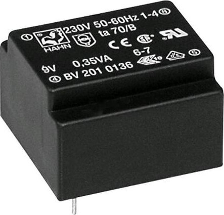 Трансформатор HAHN BV2010145 Трансформатор: залитый 0,35ВА 230ВAC 12В 29мА Монтаж: PСВ 25г 1шт