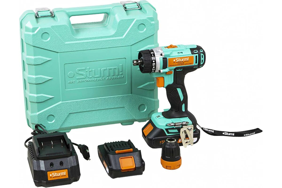 Аккумуляторная дрель Sturm 18 В, 1BatterySystem, 2 акк. 2,0Ач, съемный патрон, кейс CD3618T