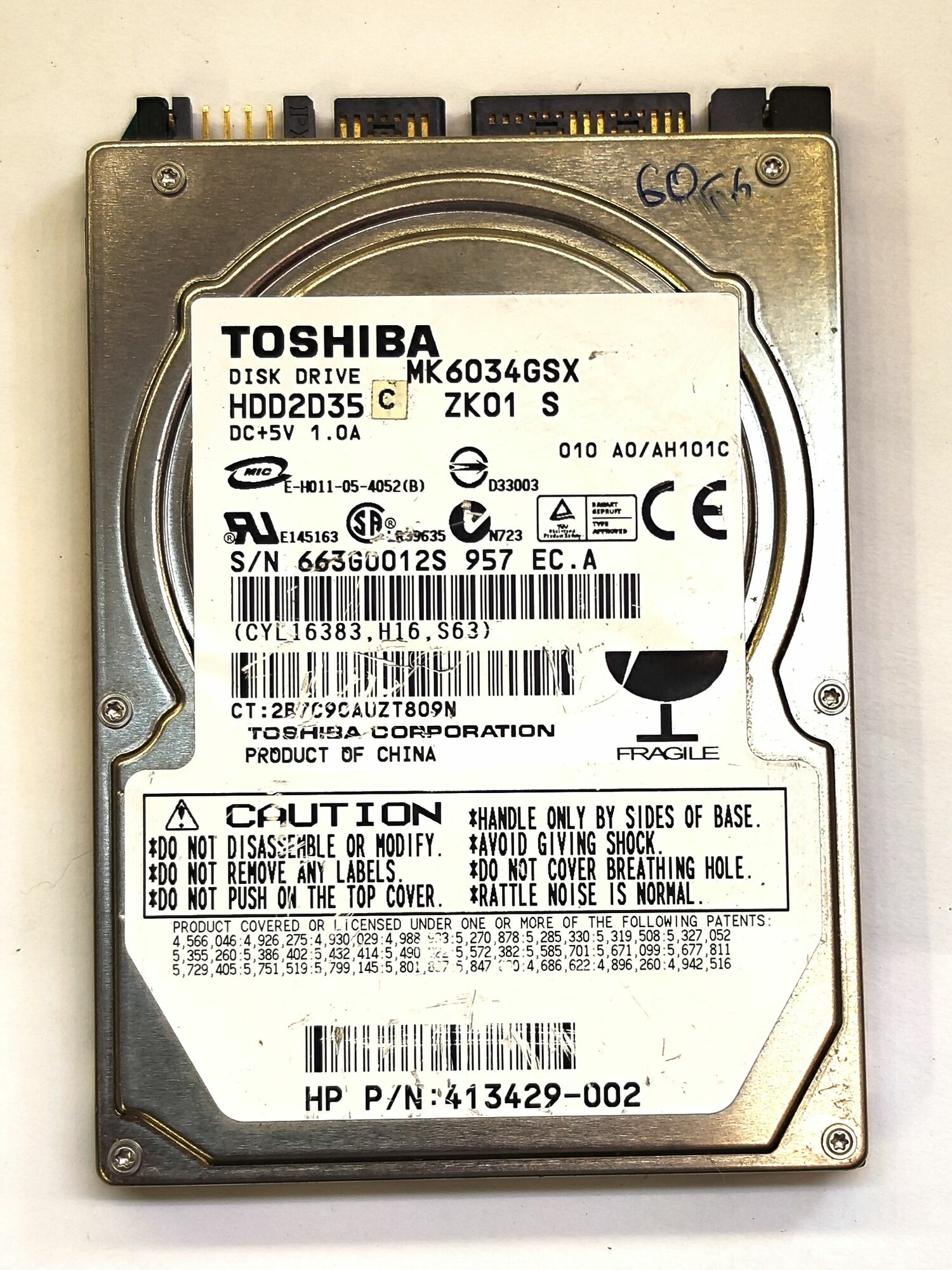 Жёсткий диск для ноутбука toshiba mk6034gsx 60gb 60Гб для ноутбука 2,5" 2.5"