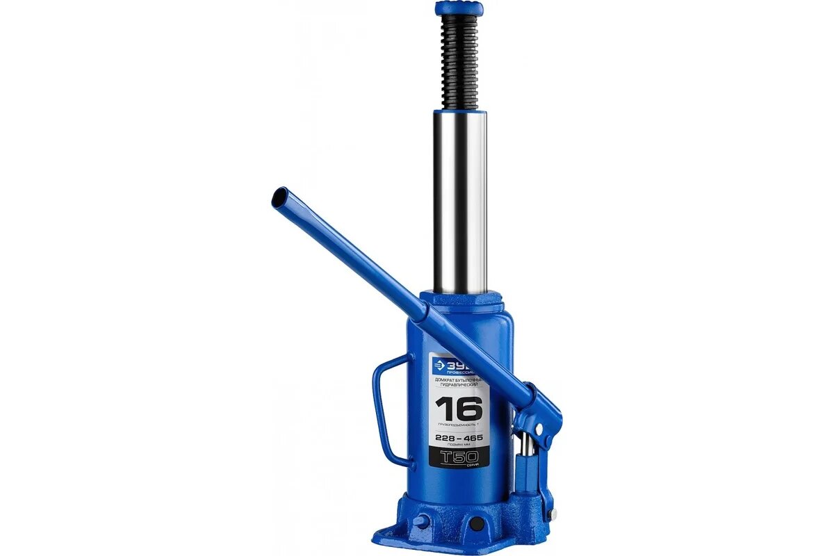 Домкрат гидравлический, ЗУБР 43060-16, бутылочный, складная рукоятка, 16т, синий