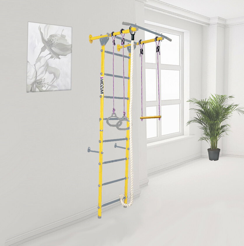 Шведская стенка Midzumi Karui Kabe лимонный пай, с турником, гимнастические кольца, канат, трапеция.