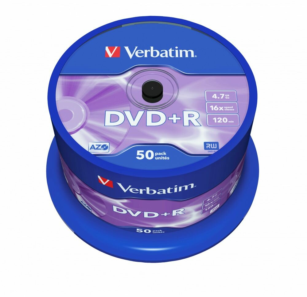 Оптические диски Verbatim DVD+R 4.7 ГБ 16X AZO серебристый матовый 50 шт. на шпинделе