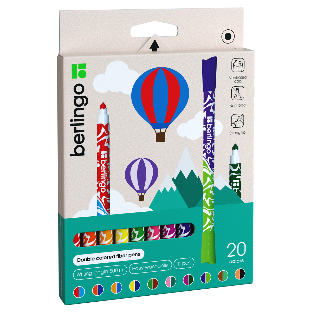 Фломастеры двусторонние Berlingo Воздушные шары 20 цв 10 шт двуцвет утолщ европодвес WP_03710 до 12.2026