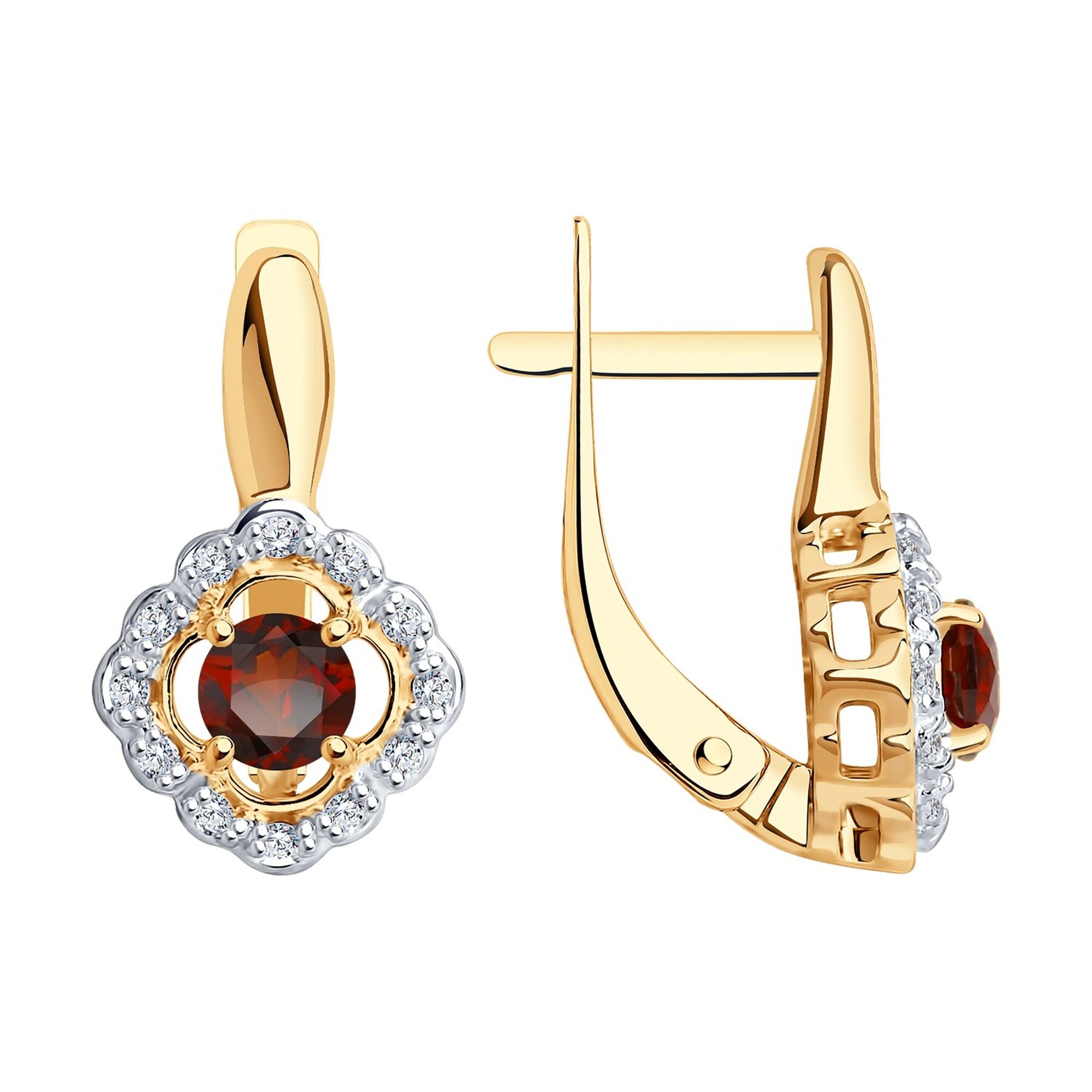 Серьги, серебро, 925 проба, золочение, гранат, фианит