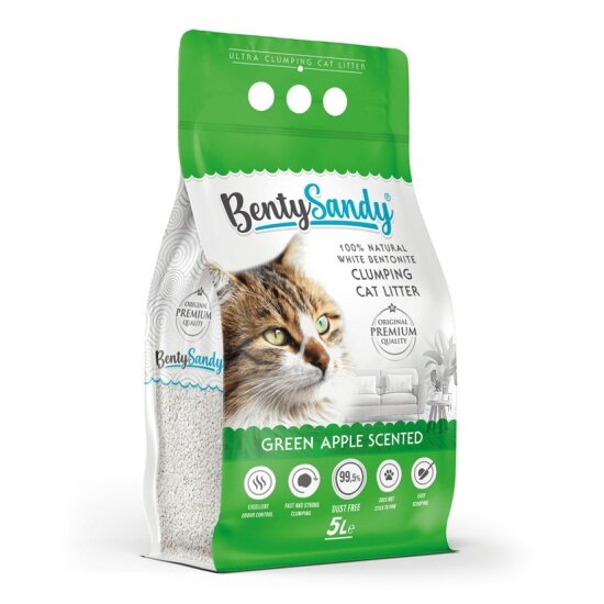 Наполнитель для кошачьих туалетов Bentysandy Green Apple комкующийся, бентонитовый, с ароматом зеленого яблока, 4,35 кг (5 л)