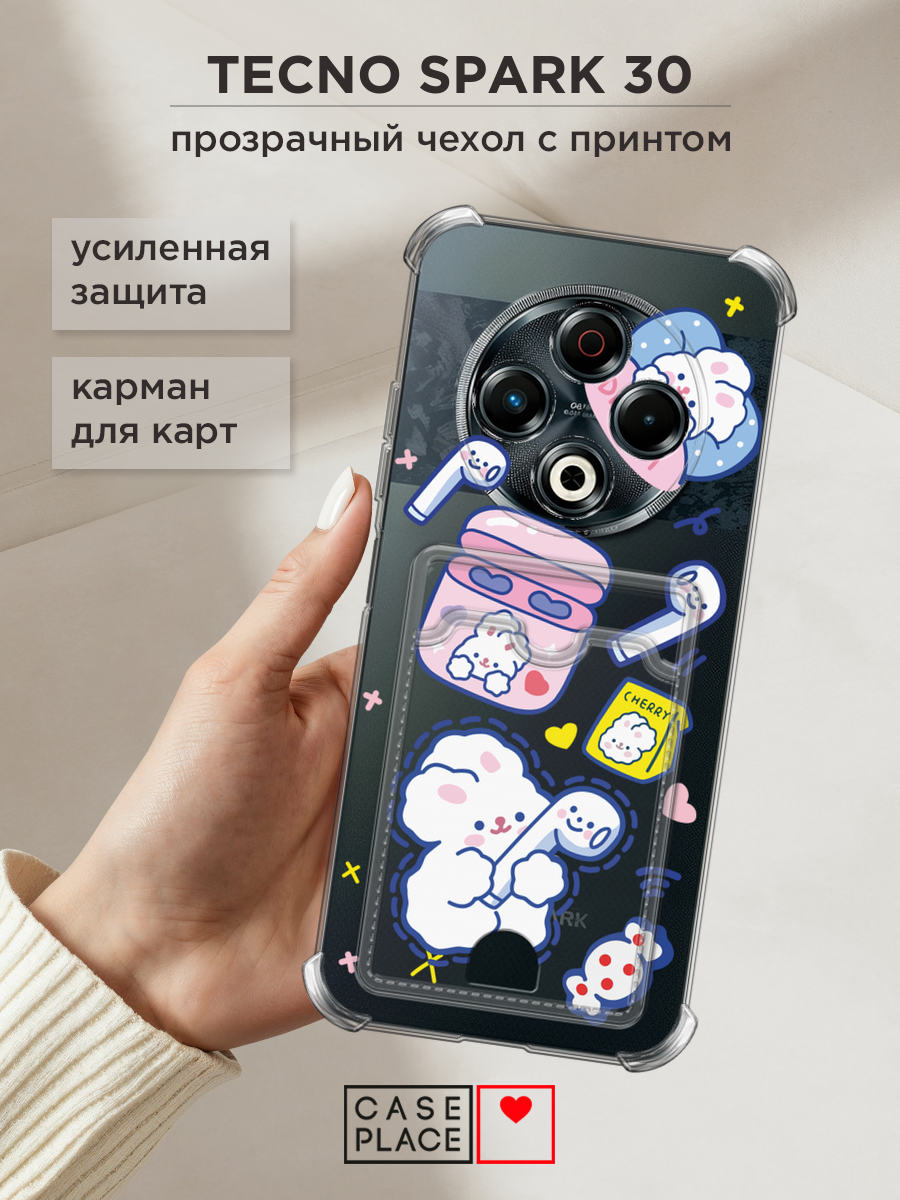 Чехол на Tecno Spark 30 (Текно Спарк 30) с картой и принтом Мишка с наушником в корейском стиле
