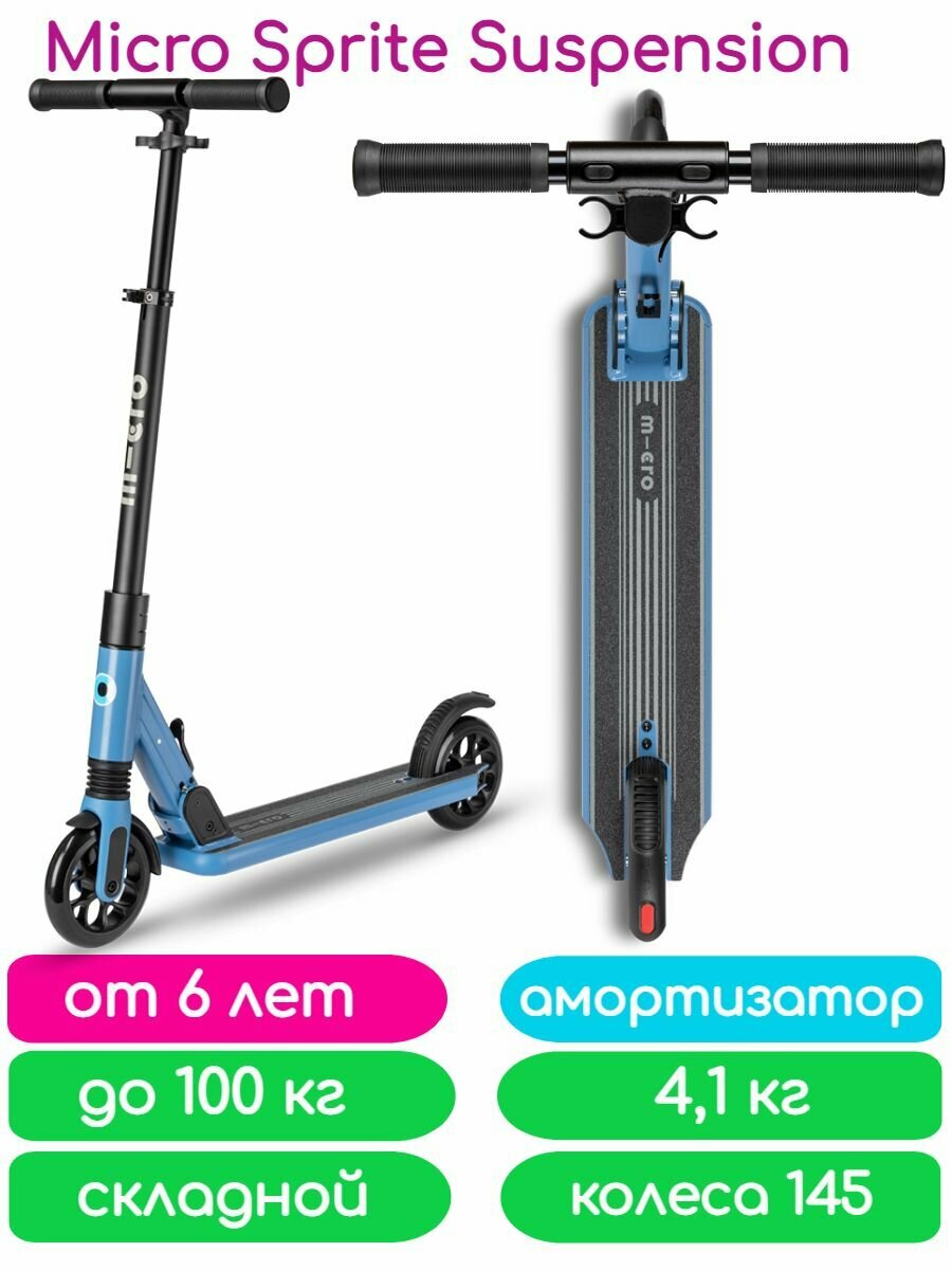 Самокат Micro Sprite Suspension, складной голубой SA0247, с амортизатором, до 100 кг
