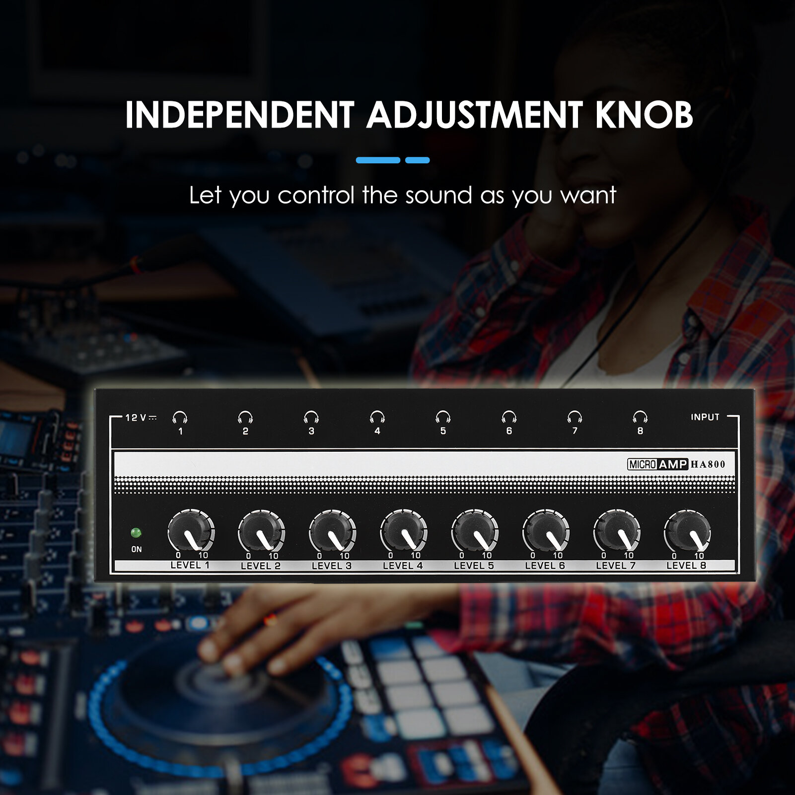 Усилитель для наушников HA800. Ультракомпактный 8-канальный мини-усилитель для стереомикрофона с адаптером питания.