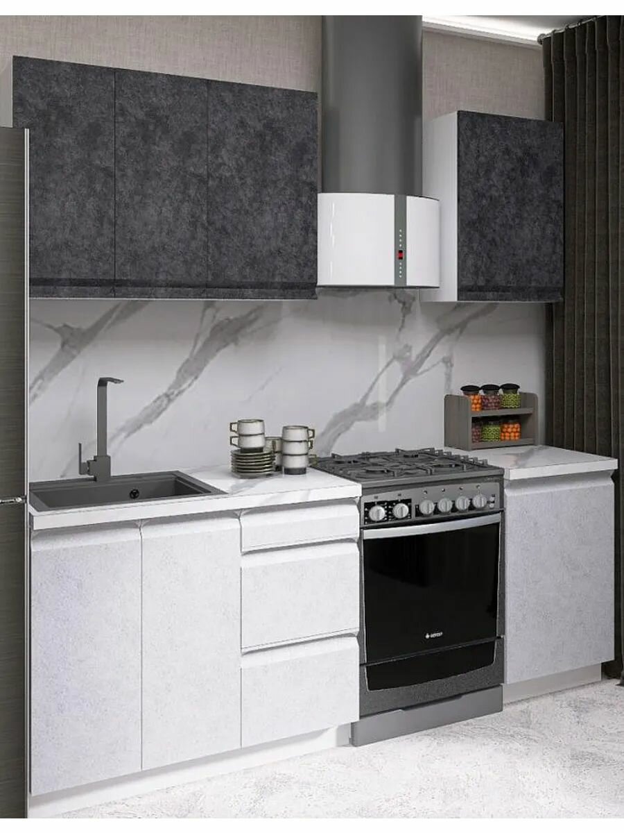 Кухонный гарнитур Велюр 1.5 м, мебель для дома и кухни, Белый / Бетон графит / Бетон снежный