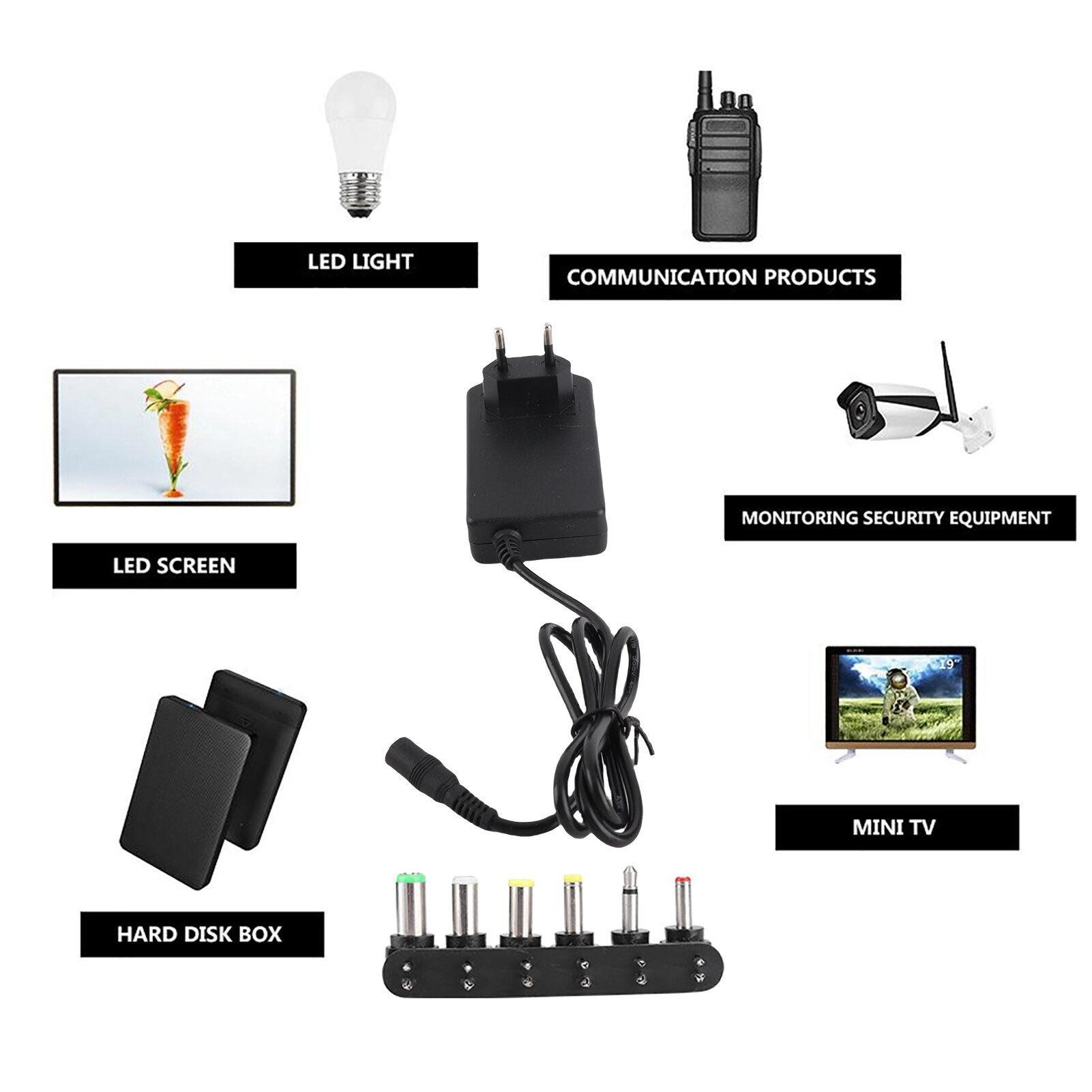 Универсальный адаптер питания 30W с регулируемым напряжением 3V-12V и 6 разъемами, вход AC 100/240V, выход DC 3V, 4.5V, 6V, 7.5V, 9V, 12V, ток 2.5A, размер 80*50*35mm