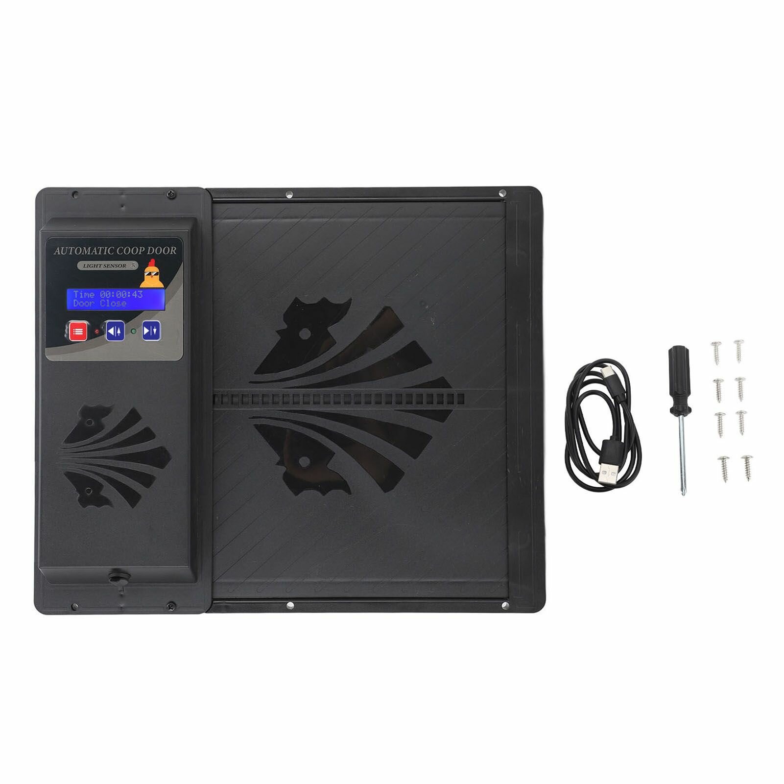Автоматическая дверь для курятника с горизонтальным открыванием черного цвета с USB и таймером