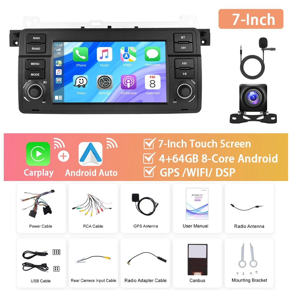 Podofo 8-ядерный 4 + 64G автомобильный радиоприемник для BMW 3 E46 мультимедийный плеер 4 64G AHD