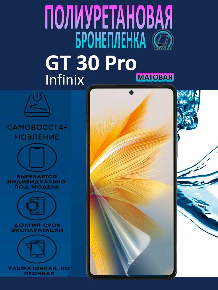 Полиуретановая бронепленка для Tecno Pova 7 Pro, Spark 40 Pro, Infinix GT 30, 30 Pro / Защитная плёнка на экран, совместима с чехлом, с вырезом под камеру / Матовая
