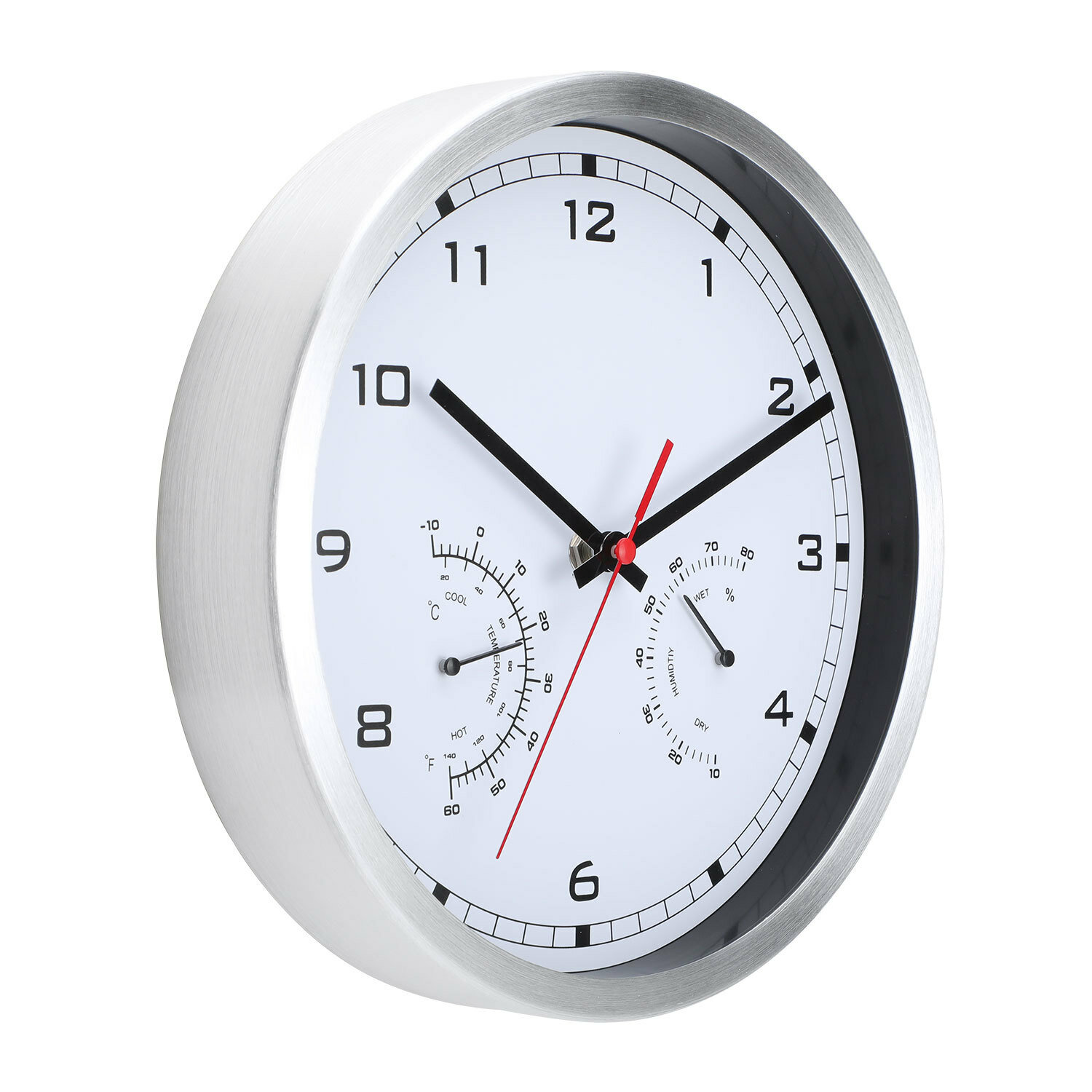 Минималистичные настенные часы 10 дюймов | Бесшумные кварцевые часы без тиканья | Металлическая рама с дисплеем температуры и влажности | Современный декор для домашнего офиса