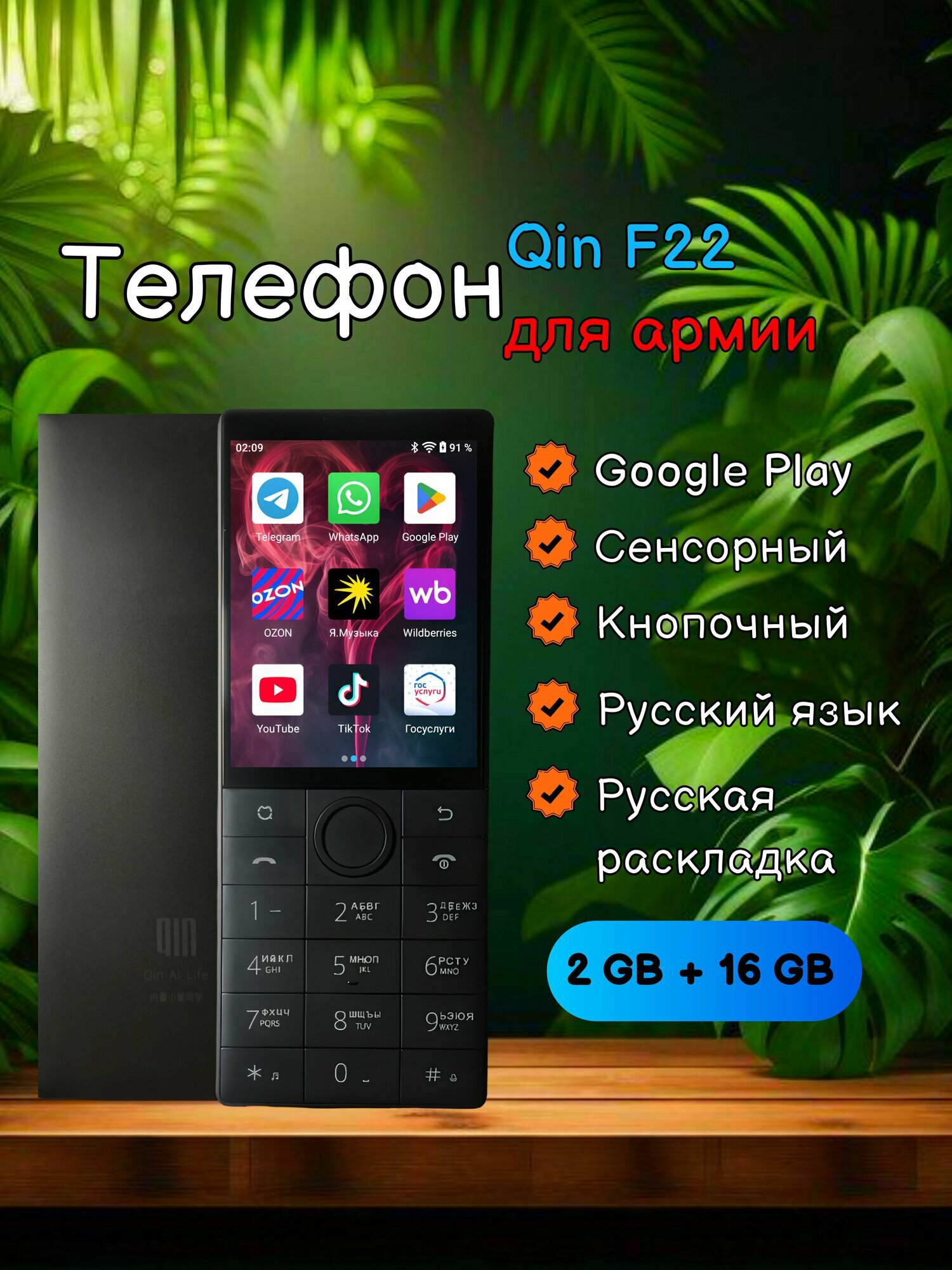 QIN Мобильный телефон, черный, черно-серый