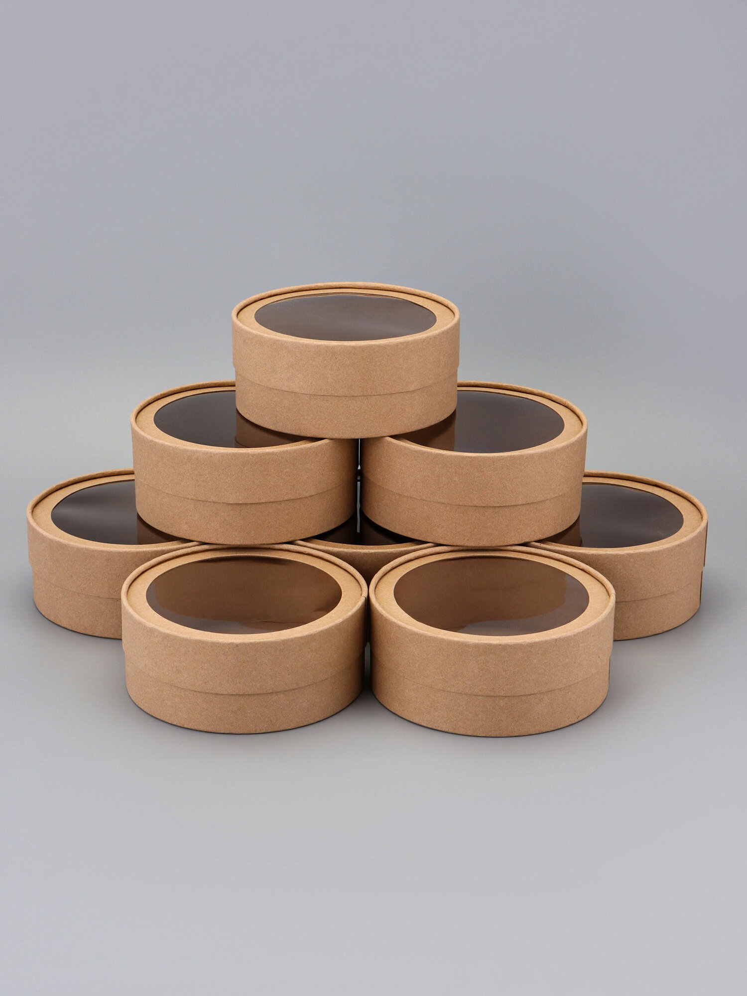 Набор круглых подарочных коробок, завальцованные с окном, крафт, набор 8 шт, 15x6 см