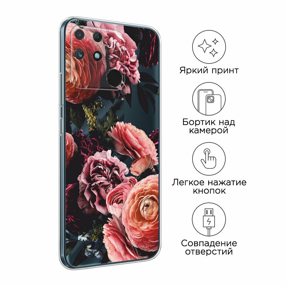 Чехол на Realme Narzo 50A / Реалми Нарзо 50A с принтом "Бордовые винтажные цветы", прозрачный — фото 1