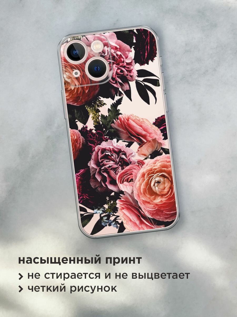 Чехол на Apple iPhone 13 mini / Айфон 13 мини с принтом "Бордовые винтажные цветы", прозрачный — фото 1