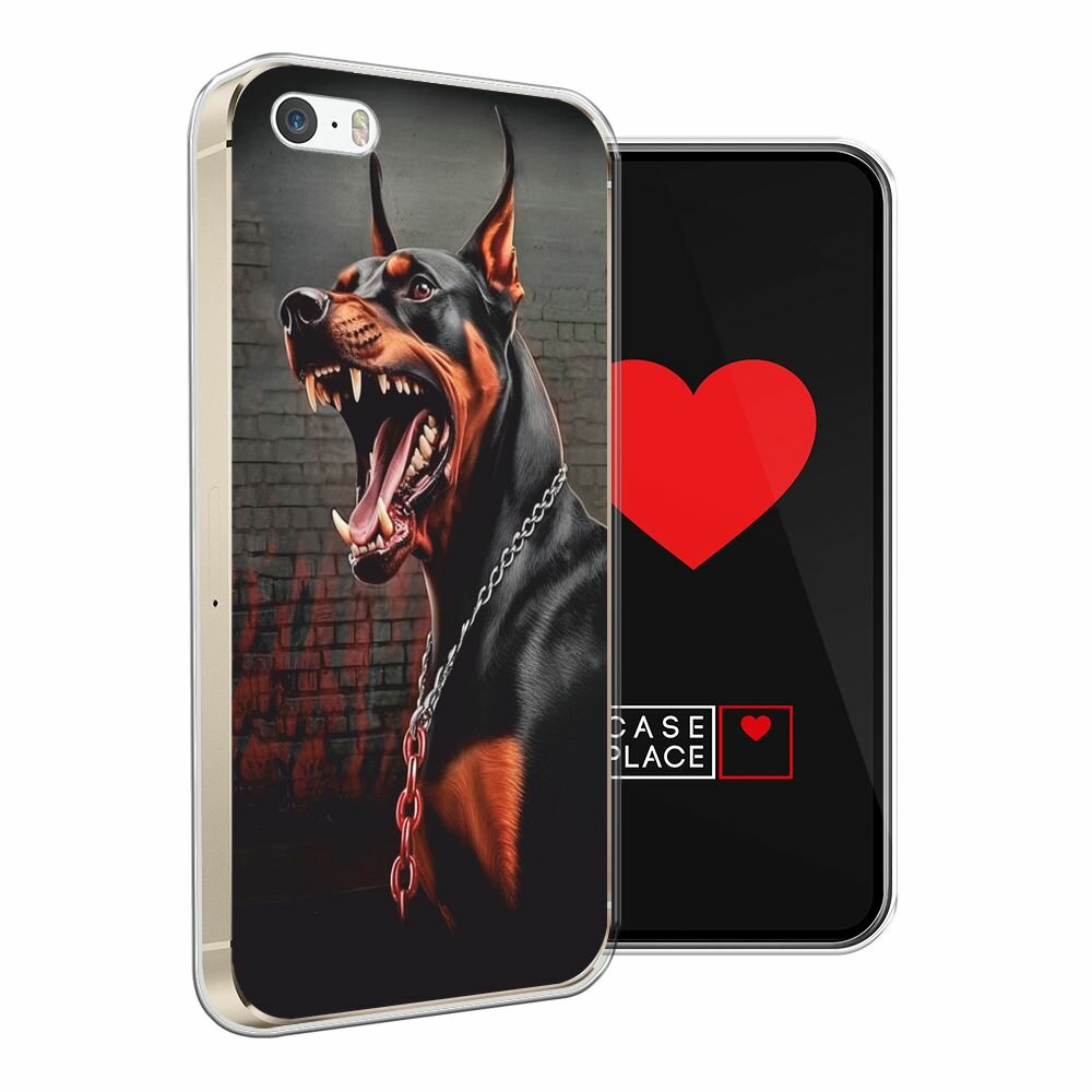 Чехол на Apple iPhone 5/5S/SE / Айфон 5/5S/SE с принтом "Доберман с цепью" — фото 1