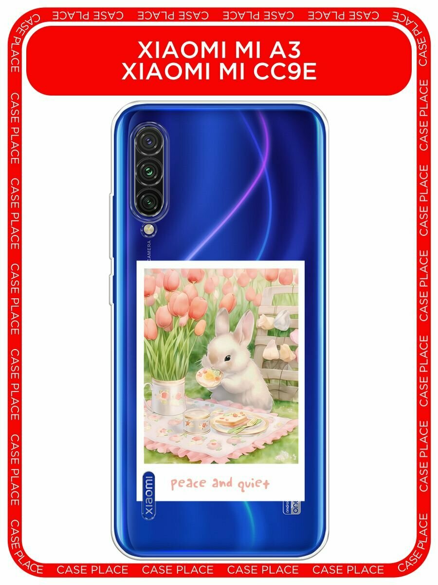 Чехол на Xiaomi Mi CC9E/Mi A3 / Сяоми Mi CC9E/Mi A3 с принтом "Кролик на пикнике", прозрачный