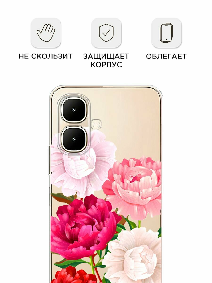 Чехол на Infinix Smart 10 / Инфиникс Смарт 10 с принтом "Большие пионы", прозрачный — фото 1