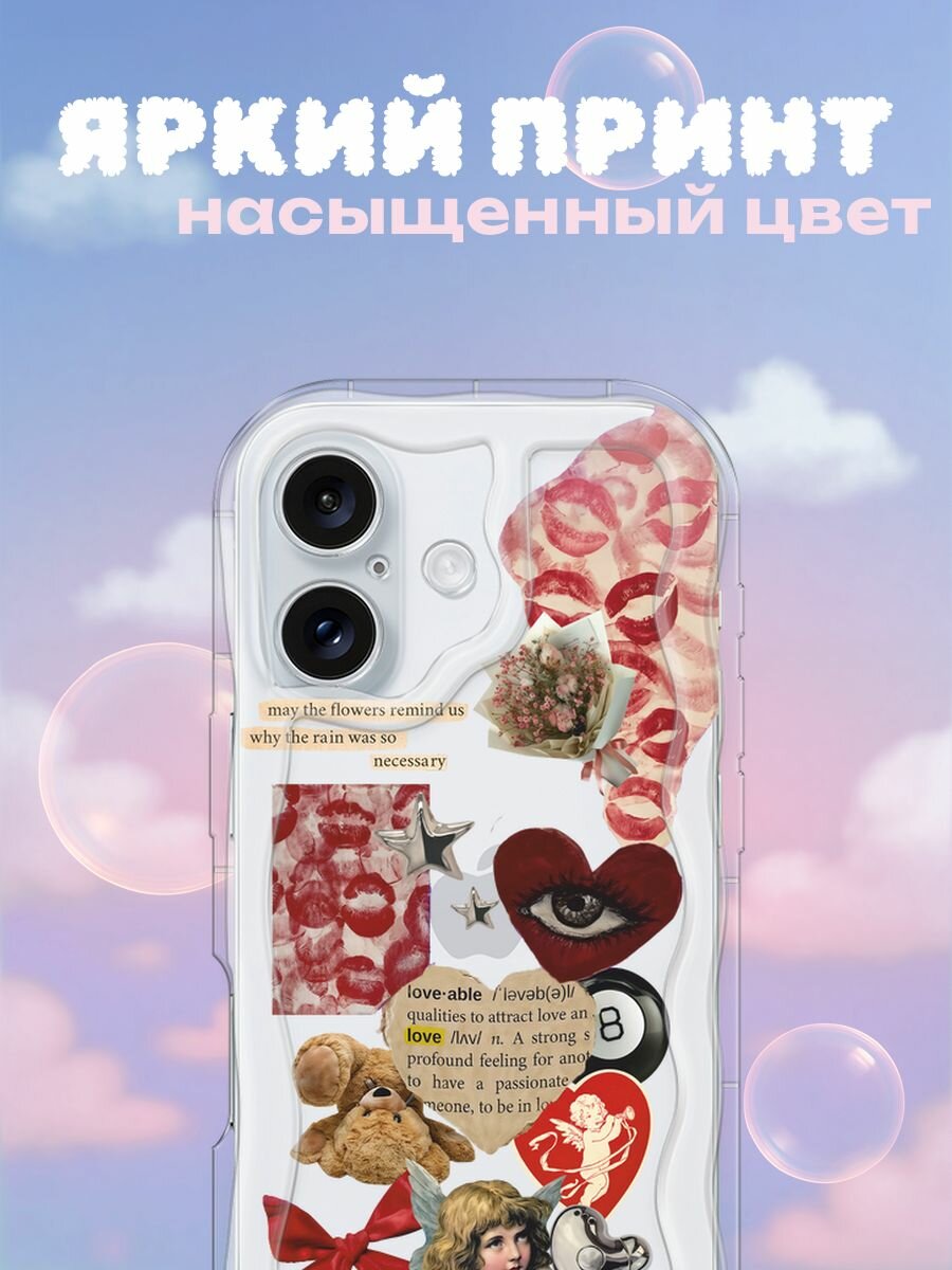 Чехол на Apple iPhone 16 / Айфон 16 с принтом "Поцелуи и сердца" — фото 1