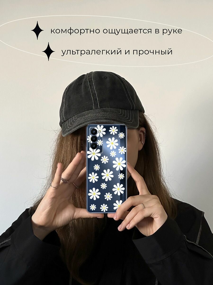 Чехол на Tecno Camon 18P / Техно Камон 18Р с принтом "Большие ромашки", прозрачный — фото 1