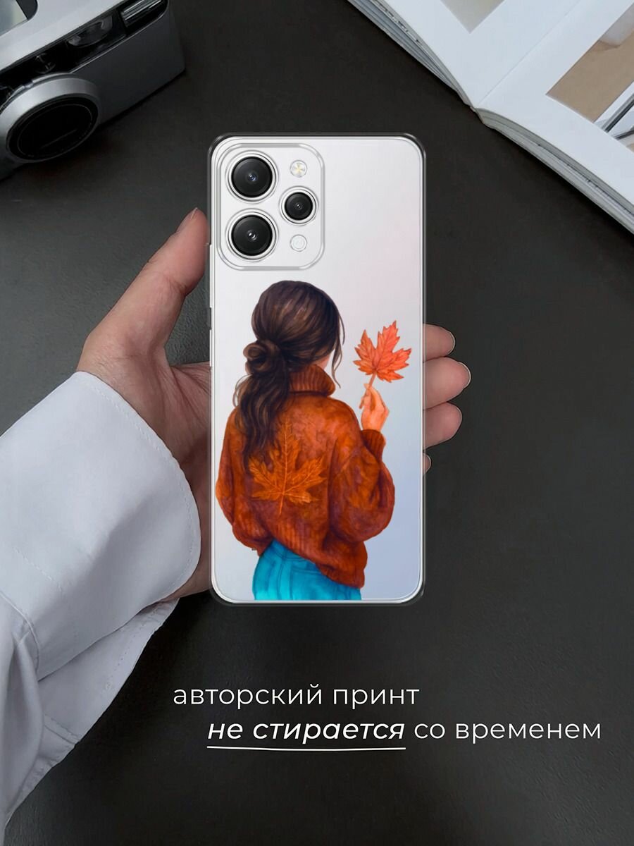 Чехол на Xiaomi Redmi 12 5G / Сяоми Редми 12 5G с принтом "Девушка с опавшим листом", прозрачный — фото 1