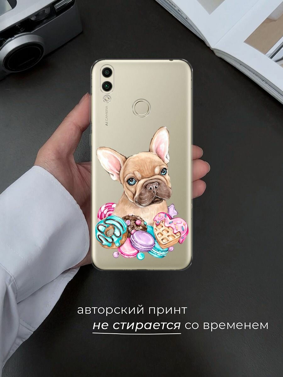 Чехол на Honor 8C / Хонор 8С с принтом "Бульдог и сладости", прозрачный — фото 1