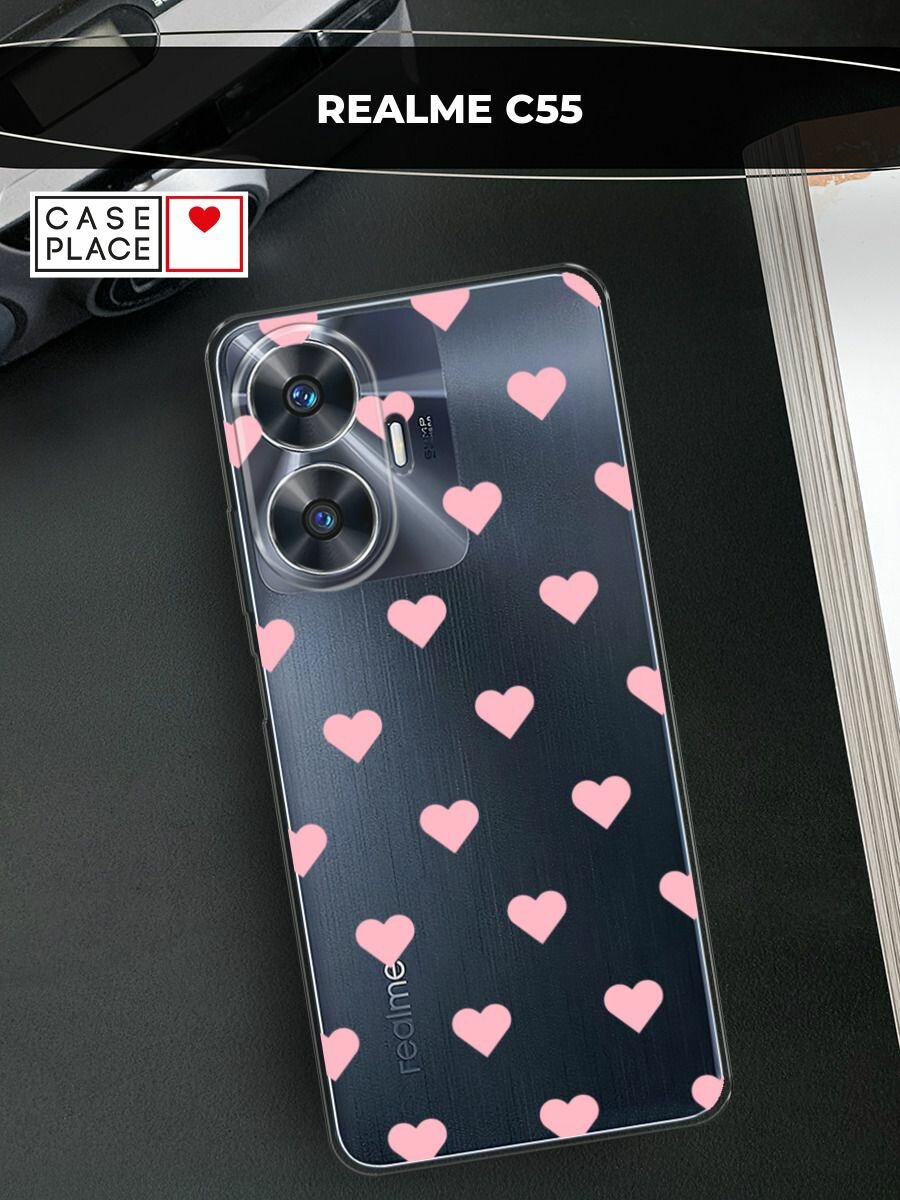 Чехол на Realme C55 / Реалми C55 с принтом "Паттерн нежные сердечки 2", прозрачный