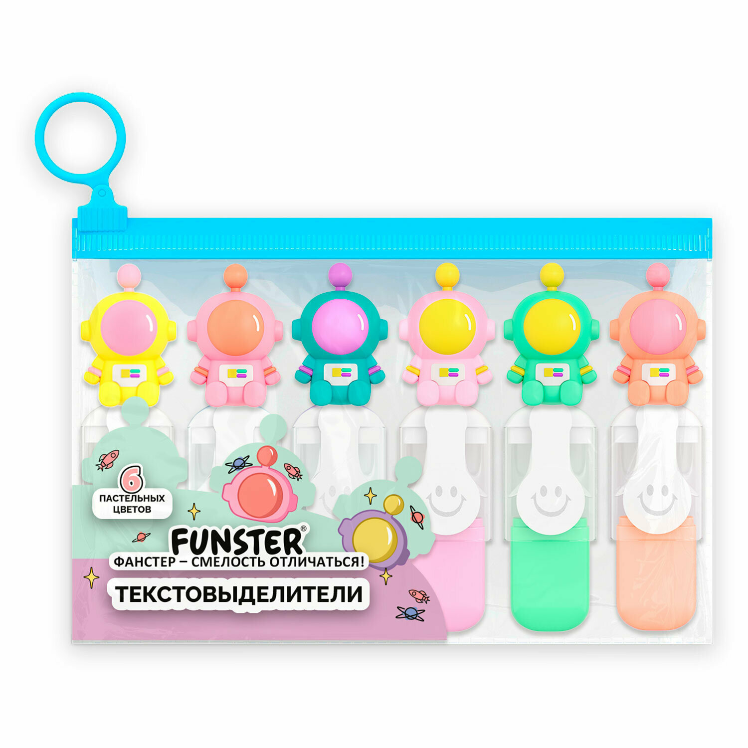 Набор текстовыделителей FUNSTER с топперами 6 цветов пастель, "Космо", линия 1-4 мм