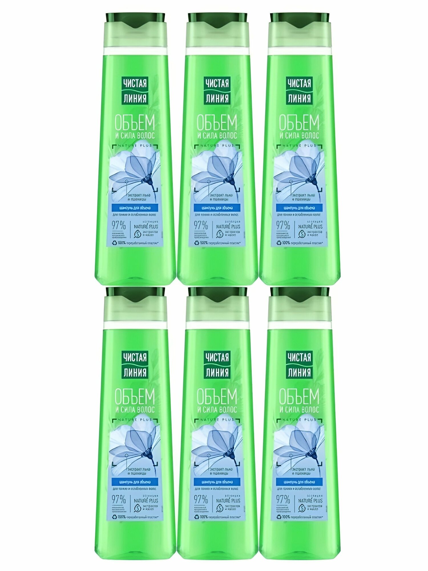 Шампунь Чистая Линия Объем и сила, Лен и пшеница для тонких и ослабленных волос, 400 мл, 6 шт