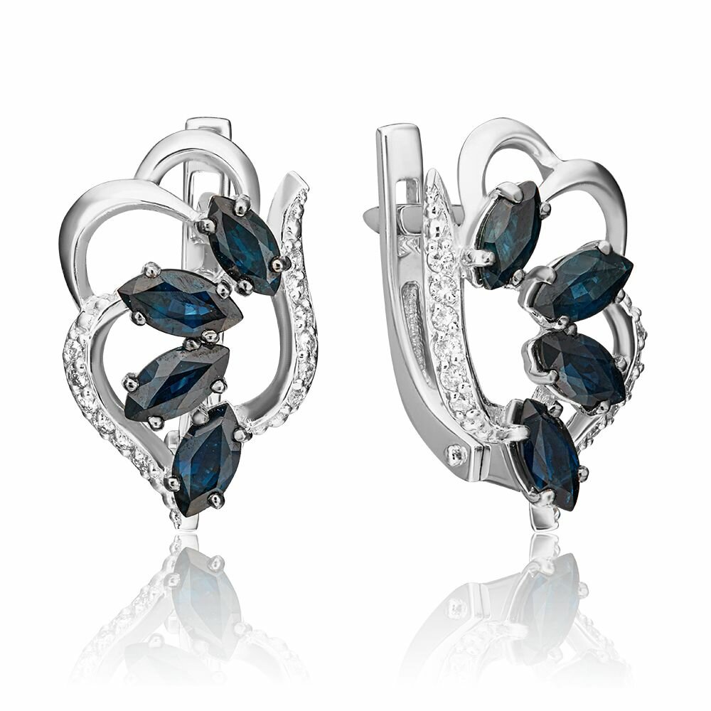 Серьги, белое золото, 585 проба, родирование, бриллиант, сапфир