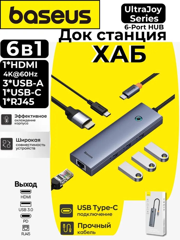 USB разветвитель Хаб Baseus UltraJoy Series 6-в-1 type-c hub adapter / Адаптер / USB Концентратор / USB-Хаб / USB 3.0, HDMI, USB Type-C, RJ-45 Ethernet