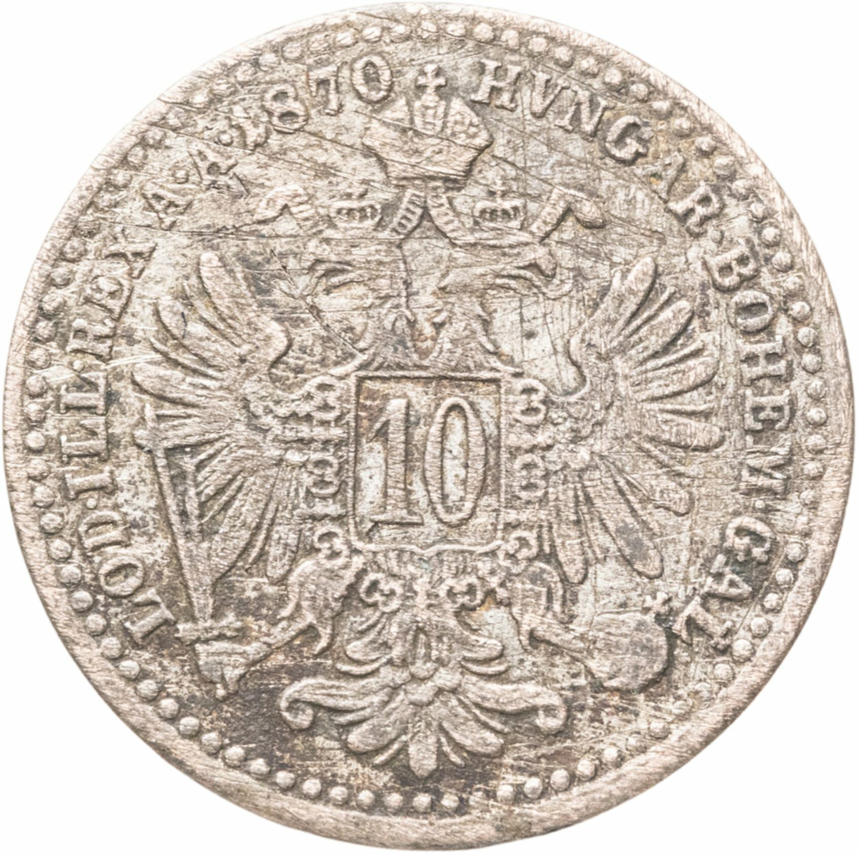 Австрия 10 крейцеров 1870, Серебро 400, в сохранности F