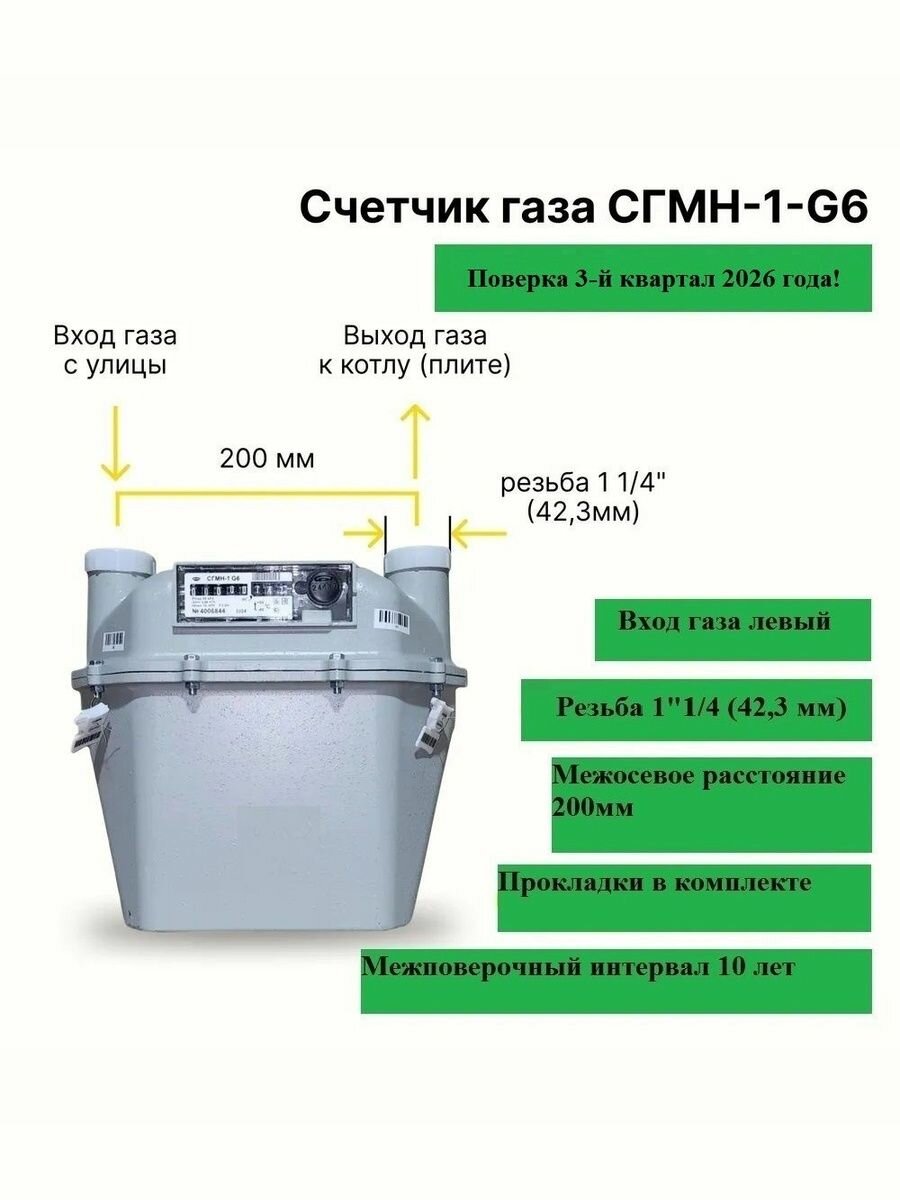 Газовый счетчик СГМН-1-G6 (200 мм, левый, прокладки В комплекте)