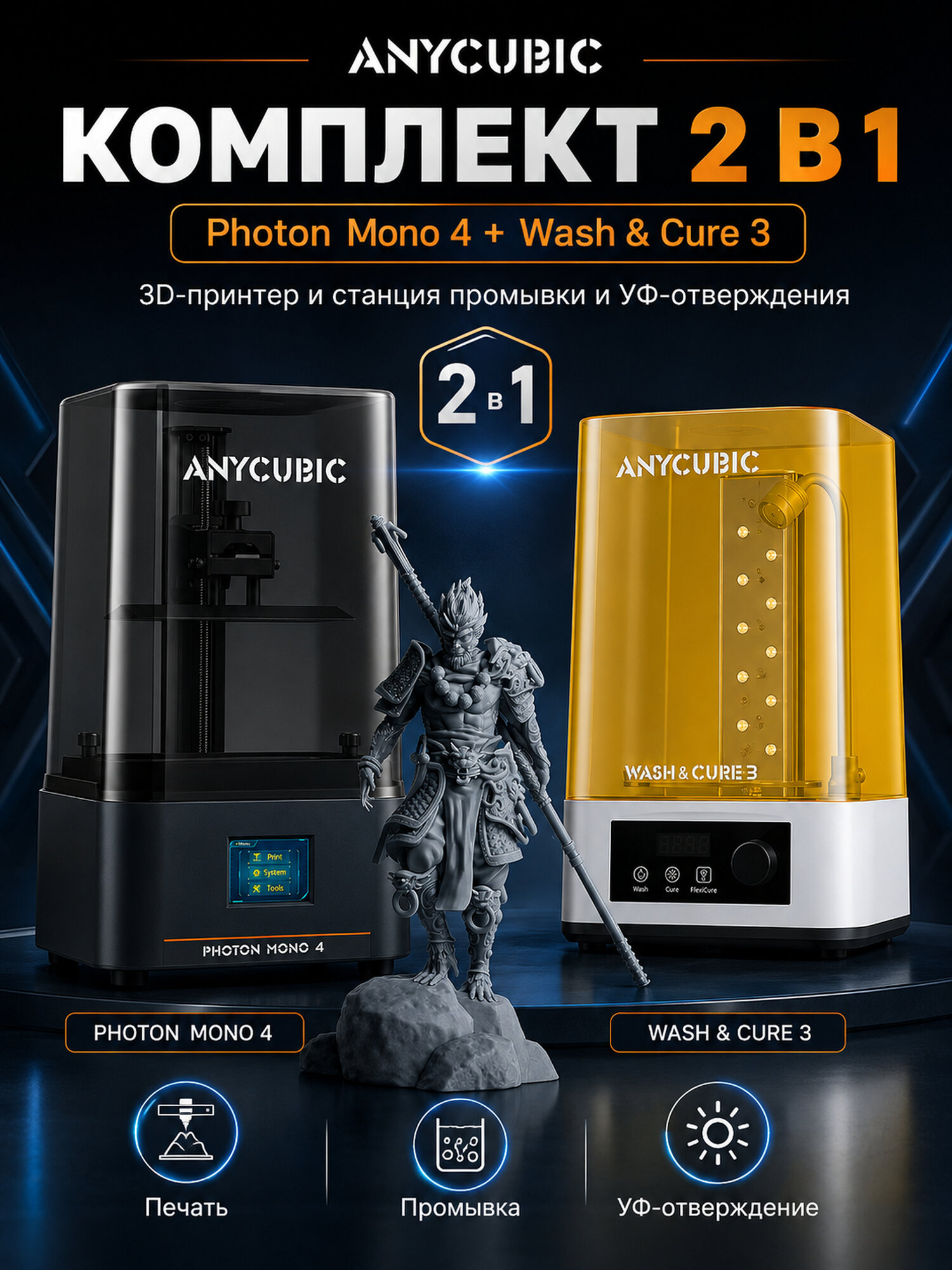 Набор 3D-принтер ANYCUBIC Photon Mono 4 10K + Wash & Cure 3 станция промывки и отверждения 2 в 1