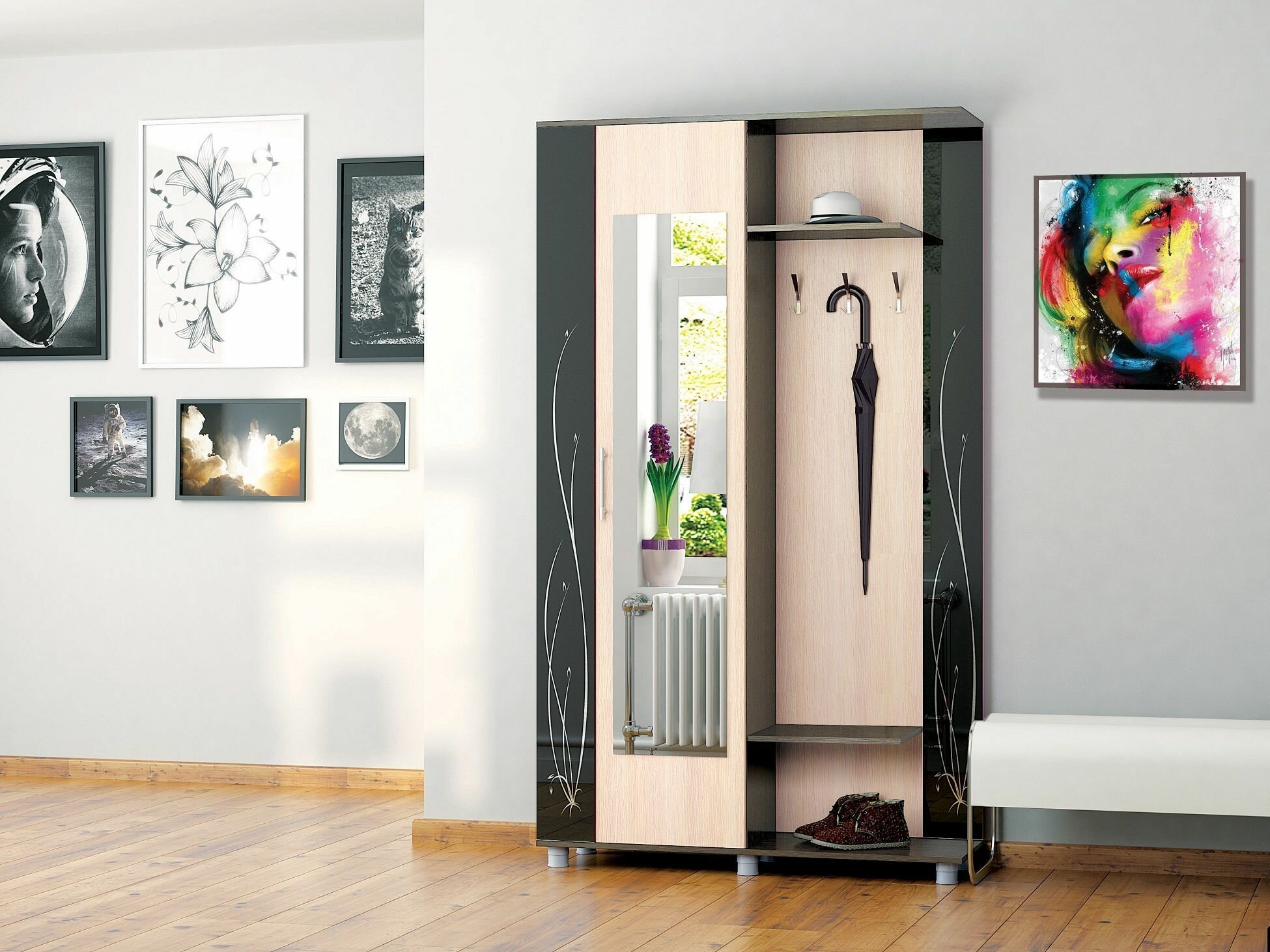 Прихожая Ирма-2, Венге Цаво/Дуб молочный, ЛДСП, с полками, штангой, зеркалом, 2100х1200х370, тэкс