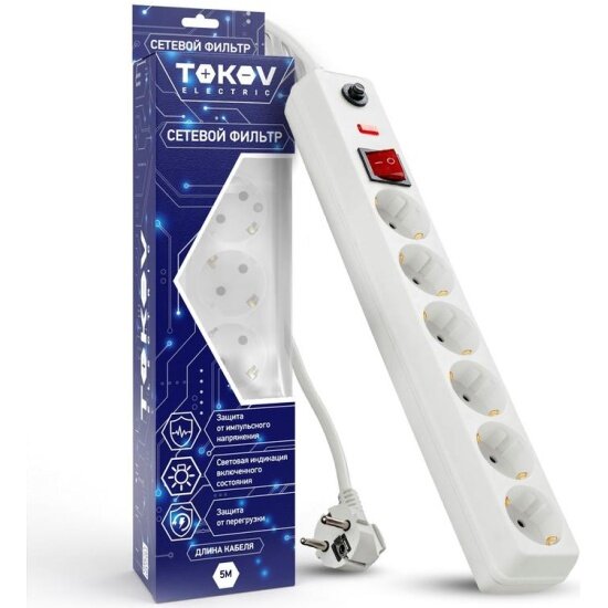 Удлинитель Tokov Electric с сетевым фильтром 6х5м с заземл. с выкл. 16А с защ. от скачков напр. и перегрузок 3х1 бел, TKE-C01-SF6-5-ZV