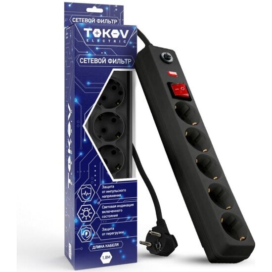 Удлинитель Tokov Electric с сетевым фильтром 5х1.8м с заземл. с выкл. 16А с защ. от скачков напр. и перегрузок 3х1 черн, TKE-C05-SF5-1.8-ZV