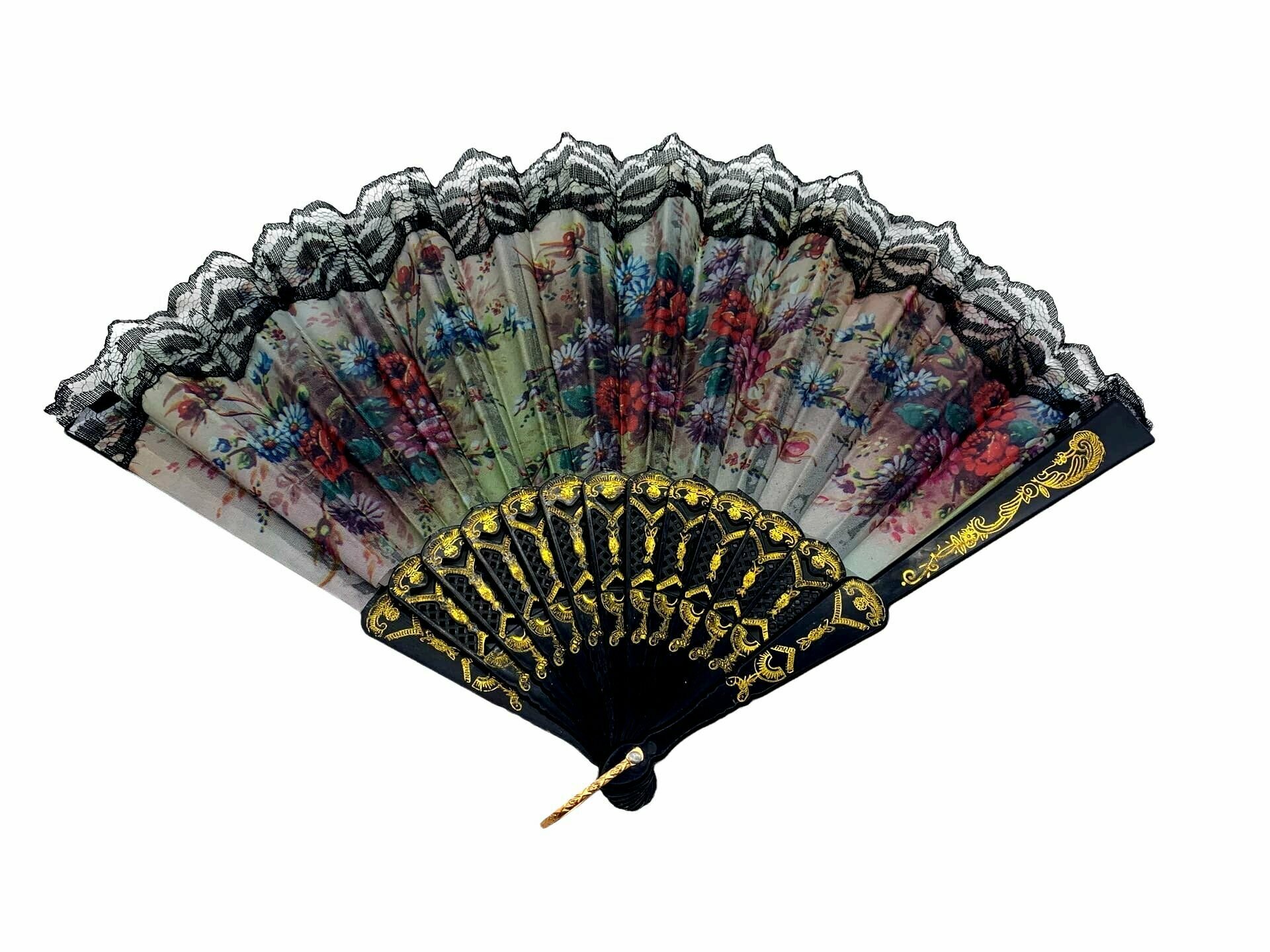 Веер тканевый складной на пластиковой основе/ веер с кружевом