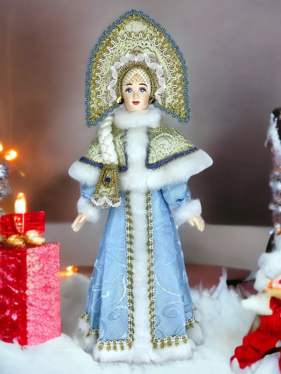 Кукла Снегурочка под ёлку высота 31 см золотистая, голубая ручная работа
