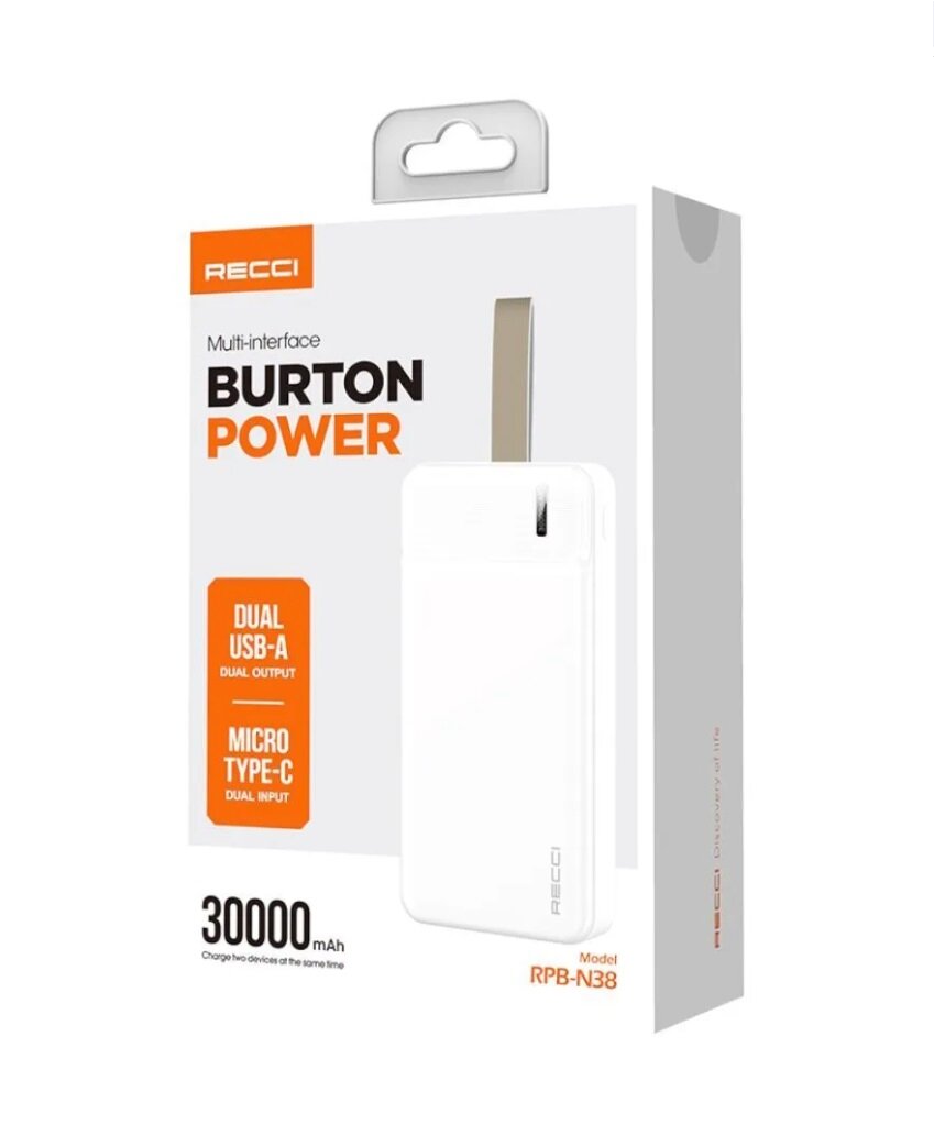 Повербанк Внешний аккумулятор Recci Power Burton 30000 mAh, 2*USB Output, 2.1A, Белый