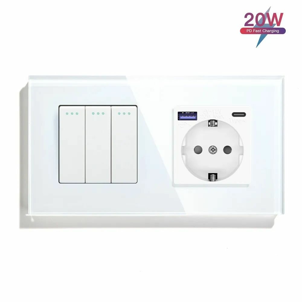 Выключатель с розеткой USB и type-C, 3 клавиши 1 розетка быстрая зарядка 20w, 2 поста (М3+1F) рамка стекло 157х86мм цвет белый