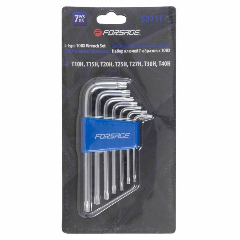 Набор ключей TORX Г-образных длинных с отверстием 7 предметов, в пластиковом держателе Forsage