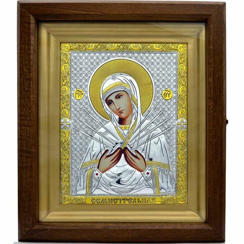 Икона Семистрельной Божией Матери в серебряном окладе. 14 18 см. (14 х 18 см / 21 х 25 х 6 см / В серебряном окладе со стразами в киоте под стеклом)