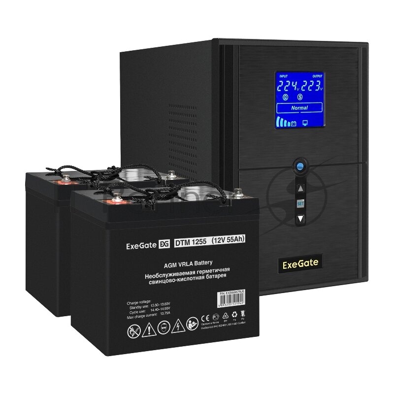 Комплект ИБП EX295989RUS + батарея 55Aч EX285667RUS 2шт (инвертор, синус, для котла) ExeGate SineTower SZ-2000. LCD. AVR.3SH.1C13. USB <2000VA/1600W, чистый синусоида, LCD дисплей, AVR, 3*Schuko+1*C13, USB, линейно-интерактивный, Black> + батарея ExeGat