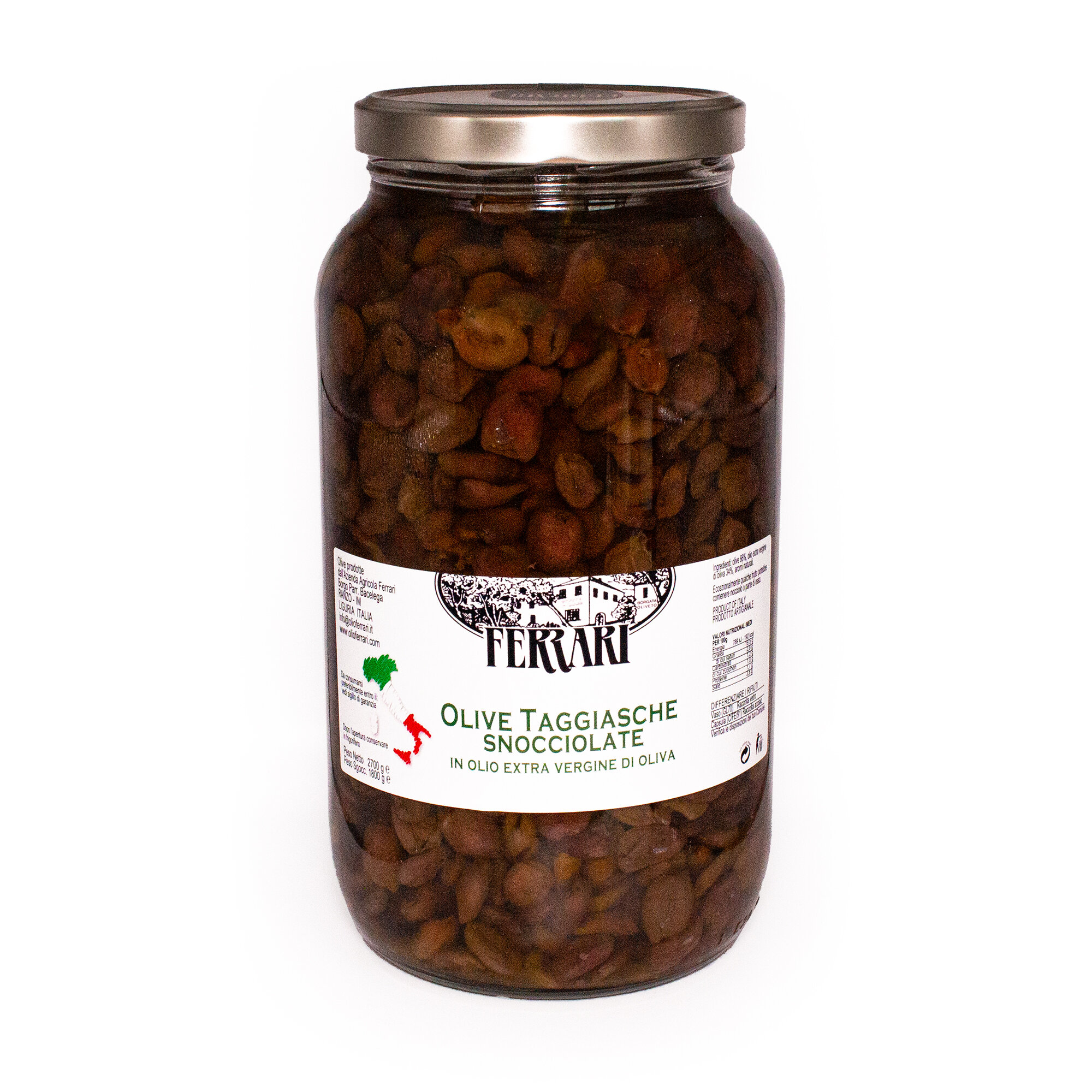 Оливки Таджаски без косточек в оливковом масле первого холодного отжима, FERRARI, 2,7 кг/1,8 кг (ст/б)